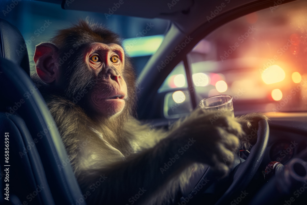 Monkey as a man drinking alcohol and driving a car. Road accident on ...