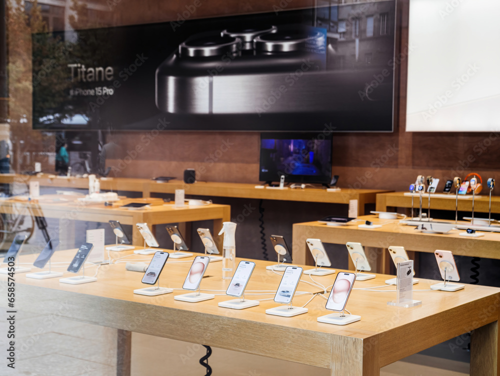 Paris, France - Sep 22, 2023: advertising board in the Apple Store ...