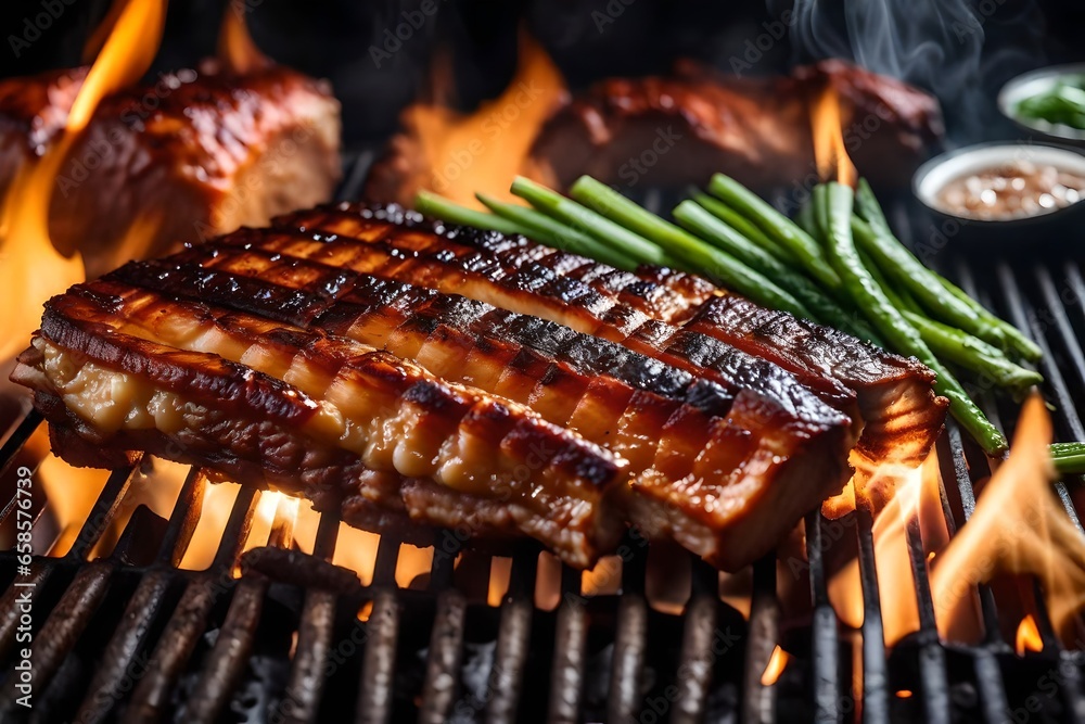 The camera gets closer to show BBQ Pork Belly cooking on a grill. The ...