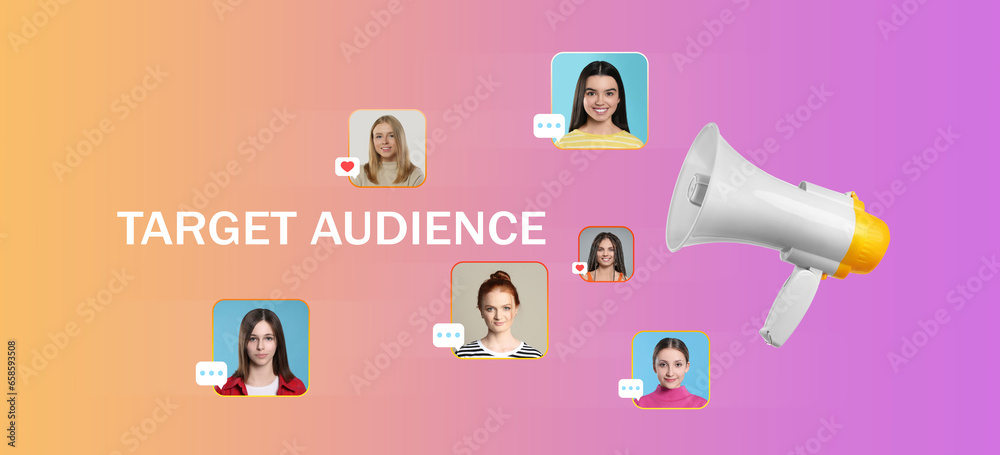Target audience. Megaphone and photos of potential clients with icons ...