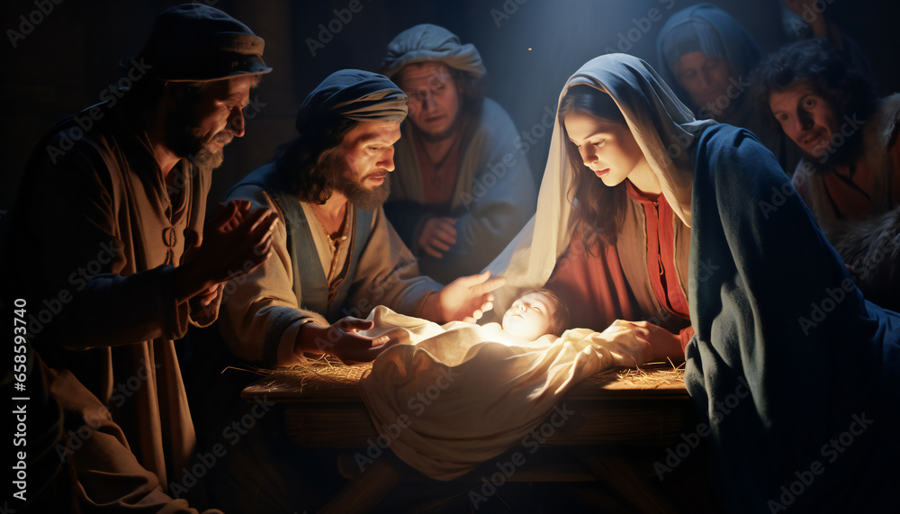 Pictoric recreation of the adoration of shepherds in the birth of jesus ...