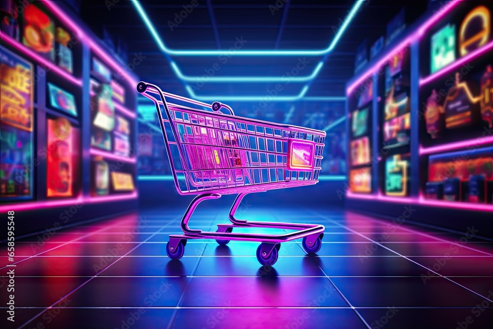 Digital shopping delight. Neon lit online store. E commerce revolution ...