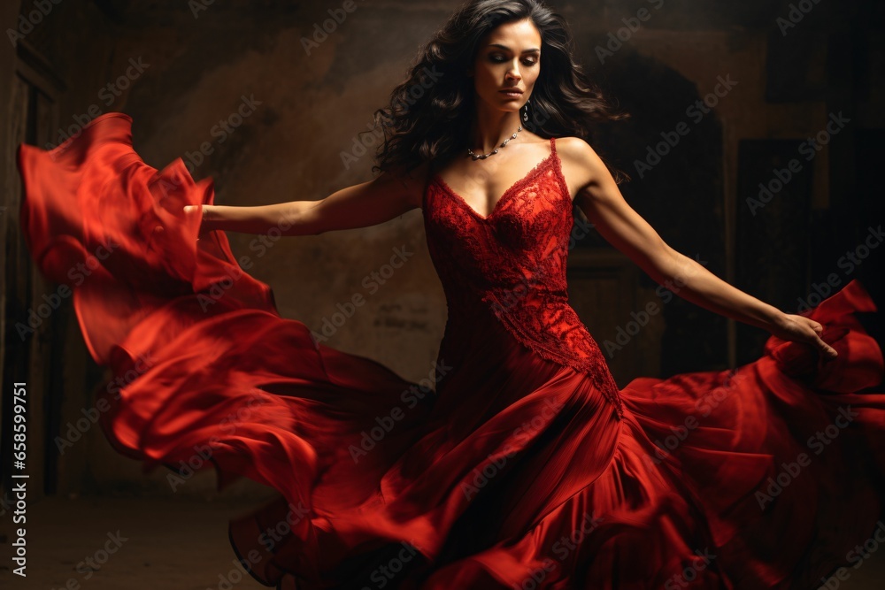 a Spanish Flamenco dancer, in a striking red dress, her intense turn ...