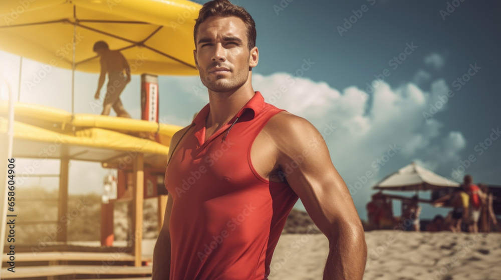 Sultry male lifeguard on duty, embodying beach safety with style. Stock ...