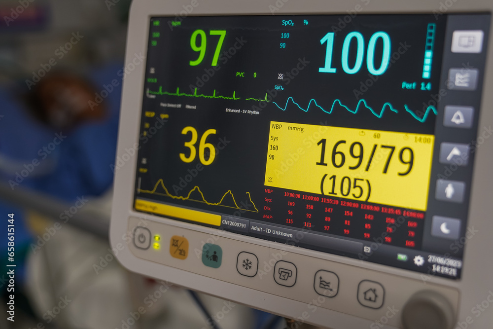 Modern vital sign monitor on patient background at ward in the hospital ...