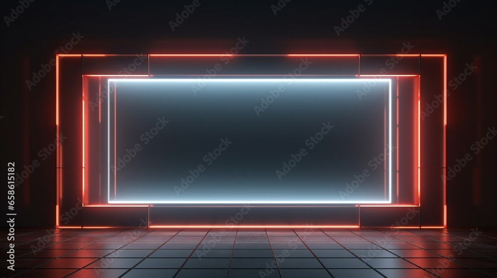 A futuristic frame made of illuminated LED strips, adorning a dark wall ...