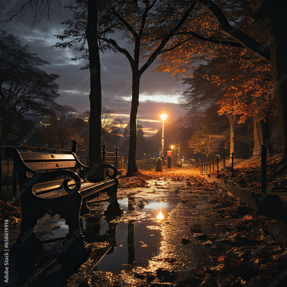 Moonlit Solitude: A Park Bench on a Wet Sidewalk at Night,bench in the ...