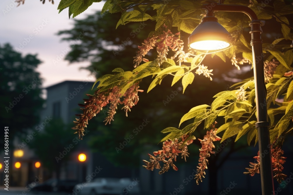 A picture of a street light standing next to a tree. This image can be ...