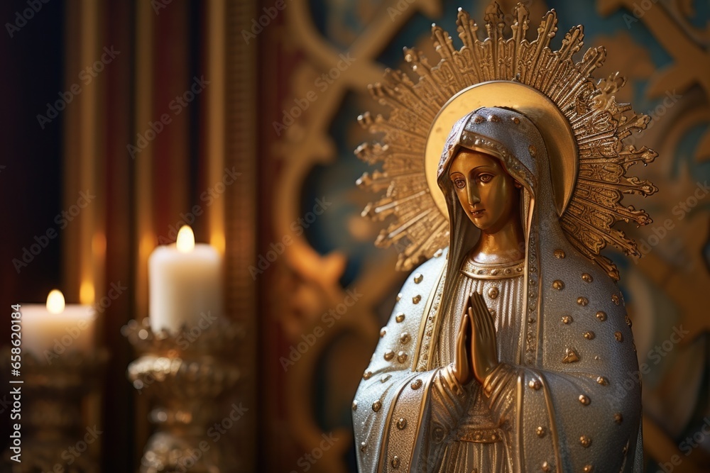 A statue of the Virgin Mary with candles in the background. This image ...
