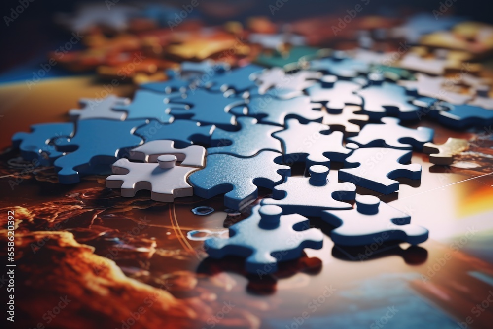A collection of puzzle pieces sitting on top of a table. This versatile ...