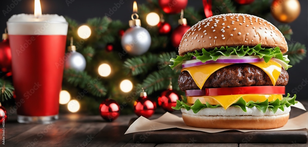 Christmas burger meal concept. Cheeseburger on a wooden table with a ...