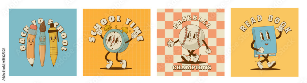 Set of retro cartoon school characters posters. Boock, supplies ...
