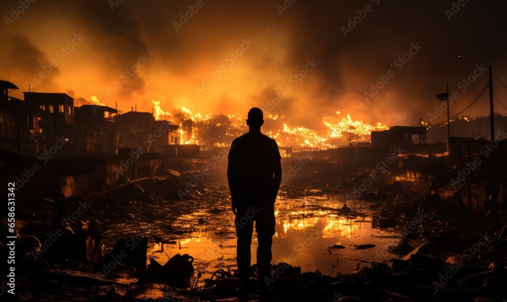 A burning city after an attack: destruction, fire, and smoke. Back view ...