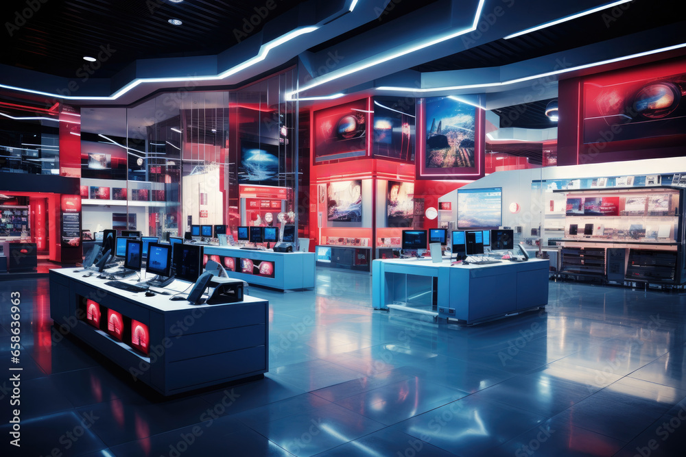 Discover the modern interior of this bustling city mall. Shoppers enjoy ...