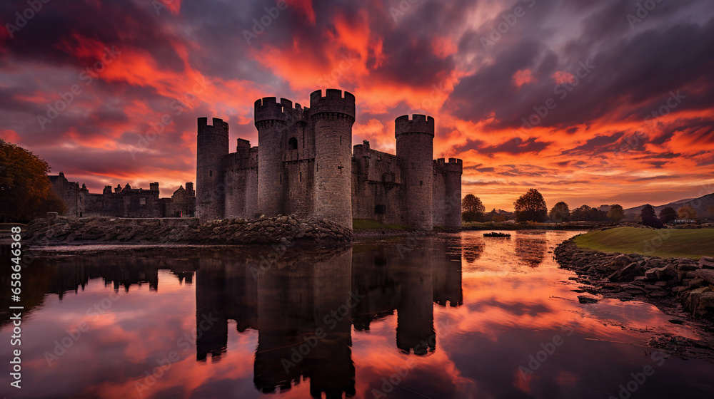 Medieval stone castle, dusk setting, silhouetted against a fiery sunset ...