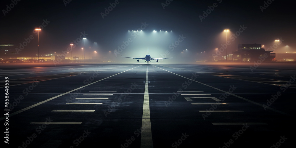 runway at night under a full moon, atmospheric fog, landing lights ...