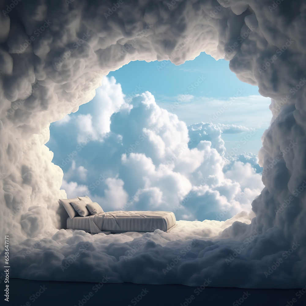 Dreamscape Slumber: A Bed in a Cloud Cave,window with clouds,clouds in ...