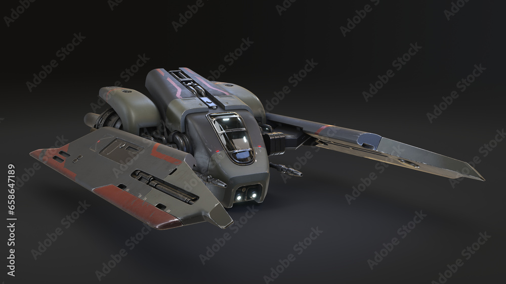 Concept assault fighter, gunship with scratched metal grey-green ...