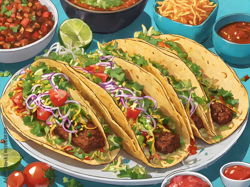 Crispy Tacos with Ground Beef, Lettuce, Tomato, and Cheese with anime ...