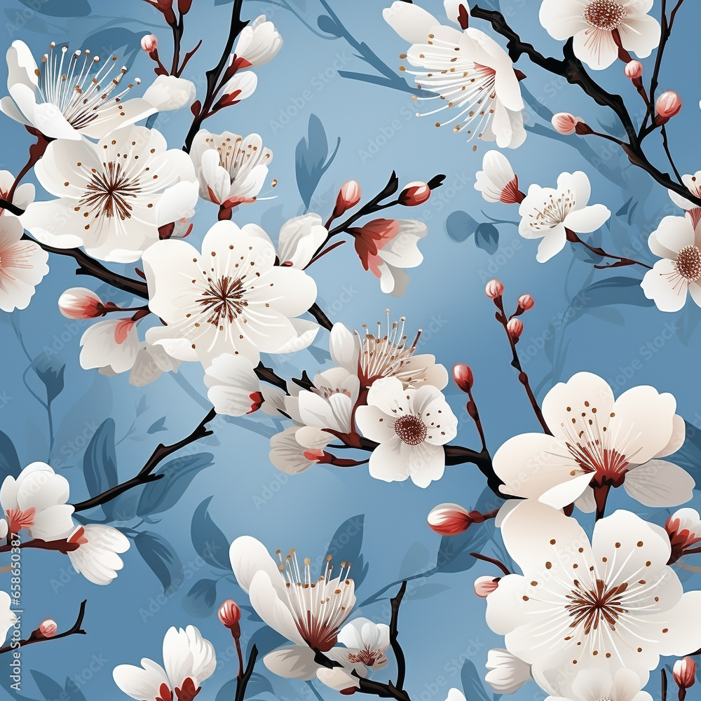 Seamless simple blue watercolor chinoiserie pattern with cherry blossoms. Stock Illustration ...