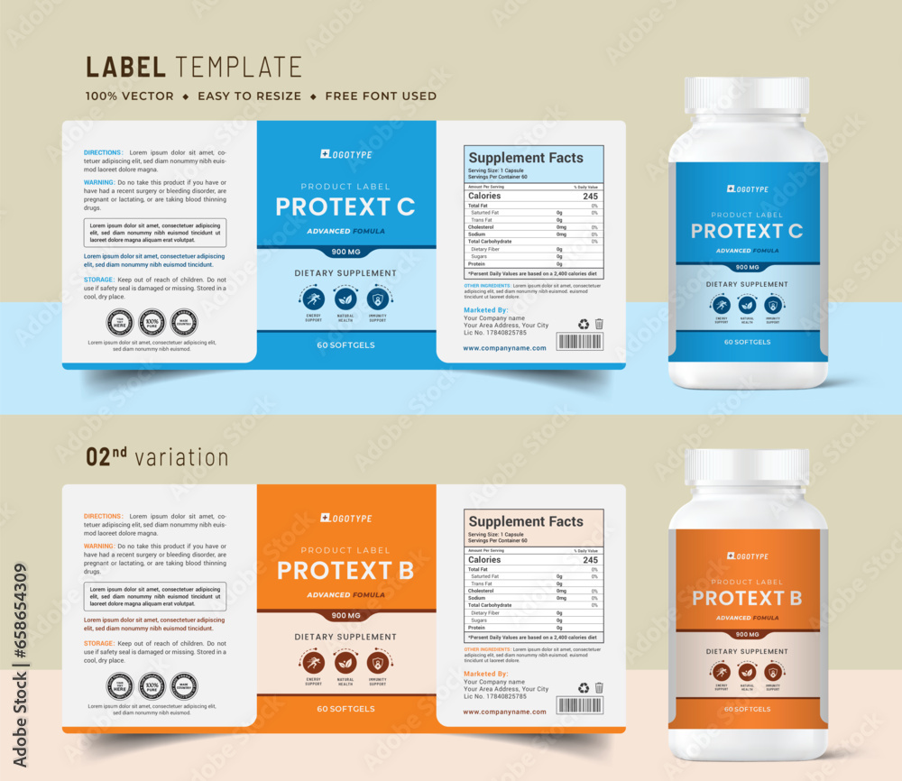Vitamin label sticker design and natural food supplement banner packaging, bottle jar label ...