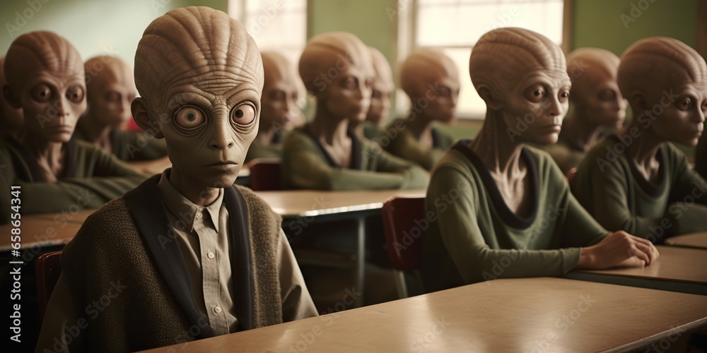 Aliens attending a school for human impersonation, concept of ...