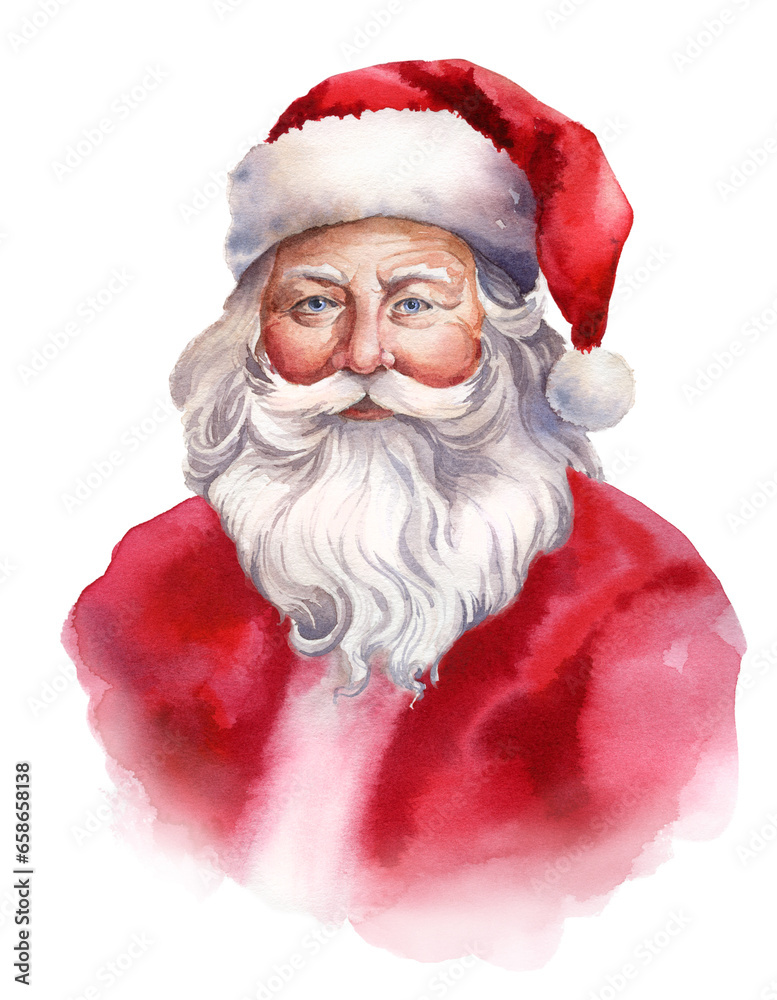 Santa Clause portrait. Christmas character. Hand drawn watercolor ...