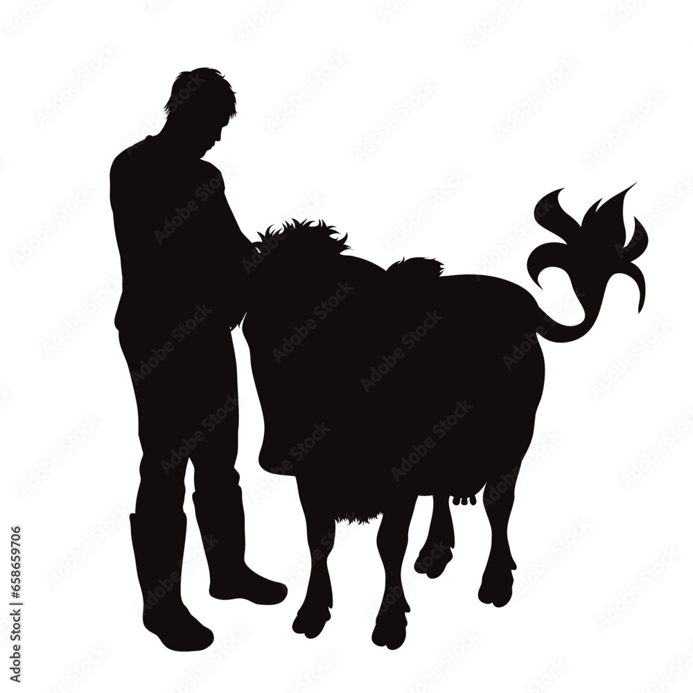 Vector silhouette of man with cow on white background. Symbol of farm ...
