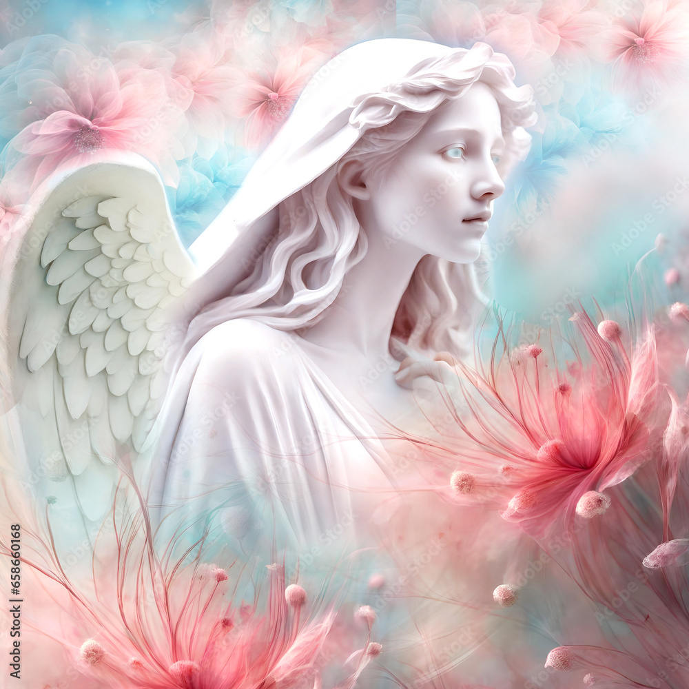 angel archangel with romantic etheral flowers and background like ...