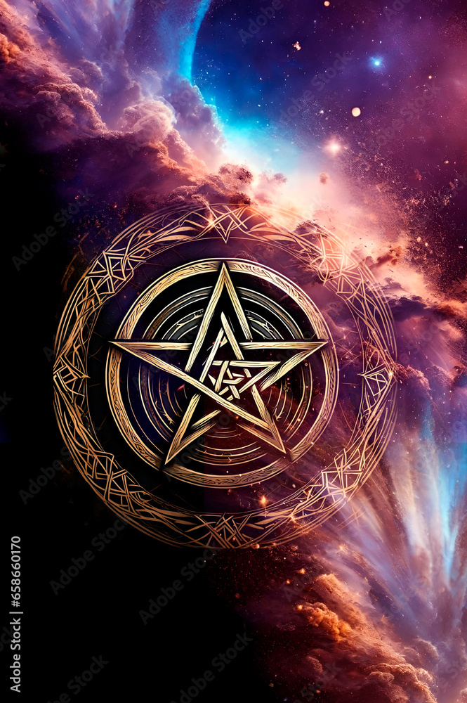 art picture with magic pentagram in magical circle, with explosion of ...