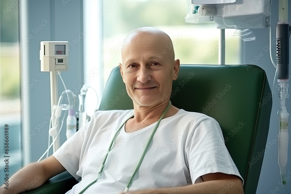 He will win! Smiling middle aged man in the intensive care ward. Cancer ...