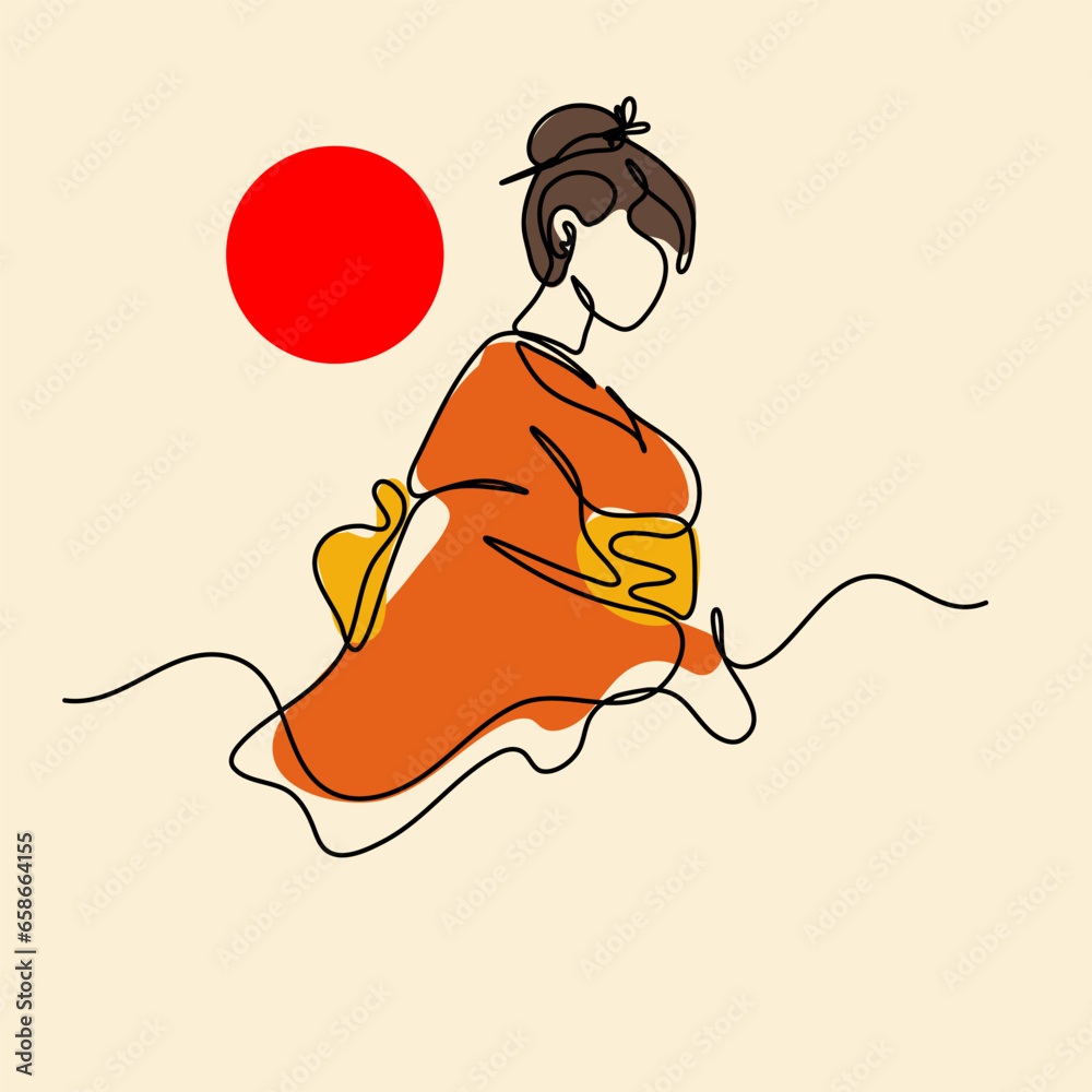 Japanese girl wearing a half-body kimono and a red sun. A minimalist ...