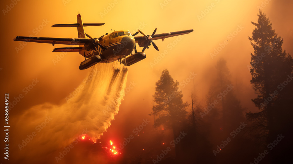 Firefighting aircraft extinguishing a forest fire by dumping water on a ...