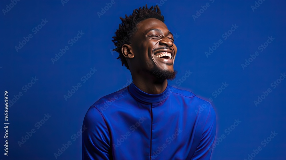 Joyful Moment in Cobalt. A handsome model, beaming with a genuine laugh ...