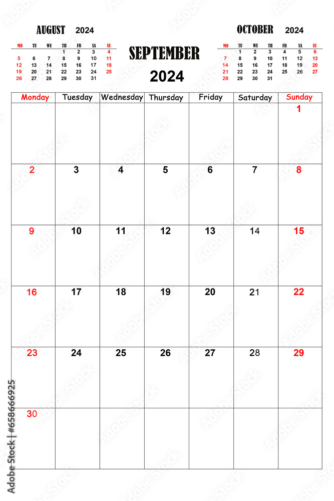 White calendar for September 2024 with previous and next months. New ...