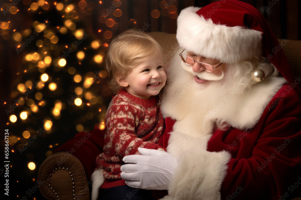 Little toddler child on Santa Claus lap. Father Christmas hugging small ...