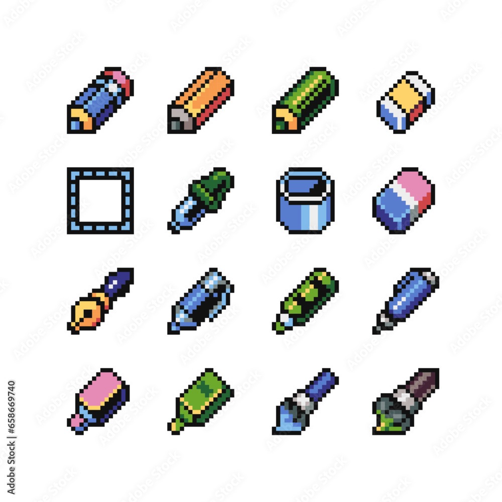 Pencil pixel art web icons set. Flat style. Office stationery, pen. 8 ...