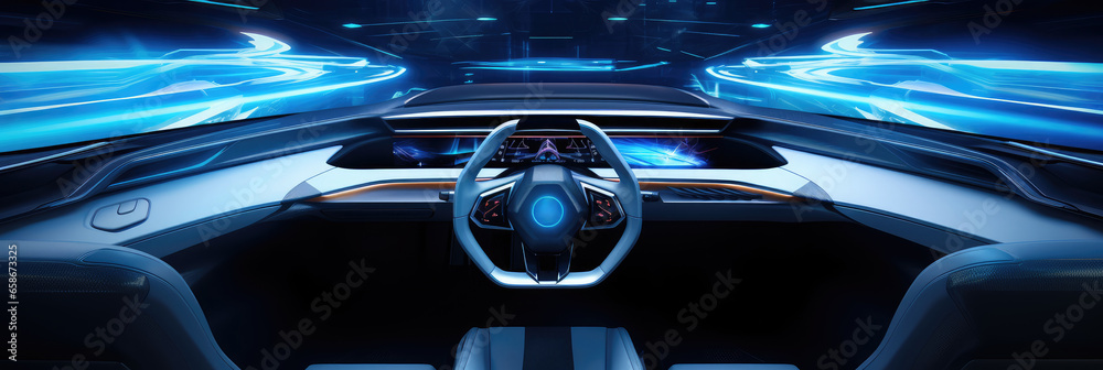 Future science fiction style, electric car dashboard steering wheel ...