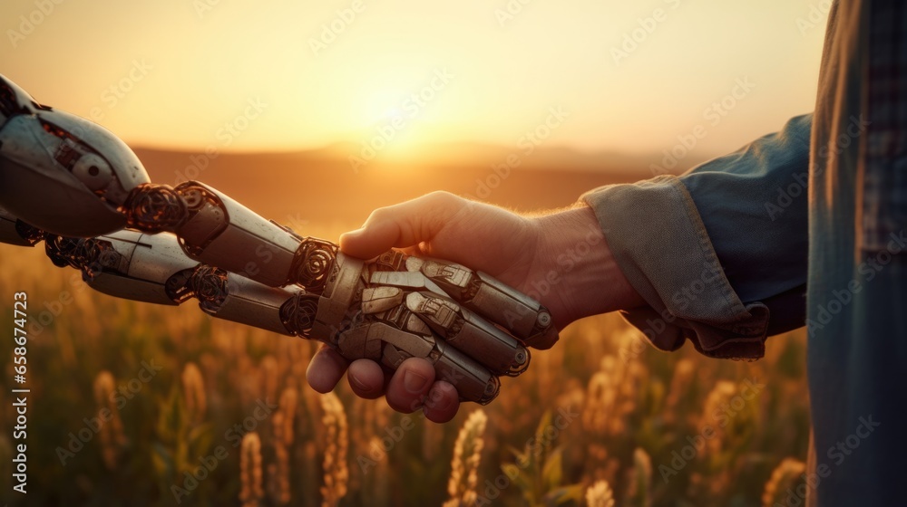 Male robot and farmer human holding hands with handshake. Deep machine ...