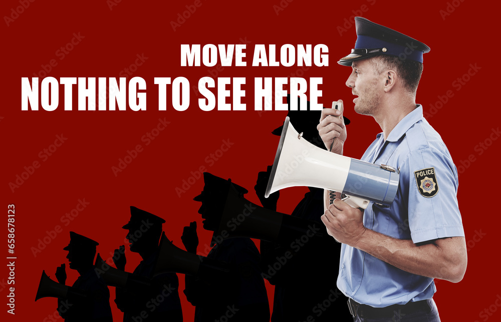 Man, communication and police officer with megaphone, safety and ...