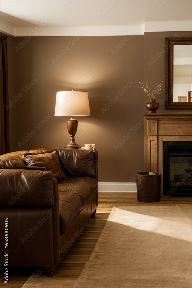 dark living room with a brown leather capitone sofa and a classic ...