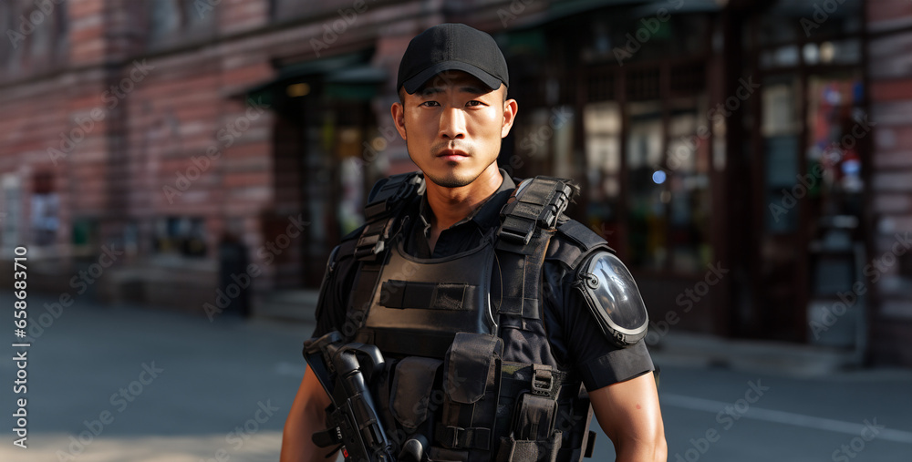 police officer on the street, police officer on duty, an asian security ...