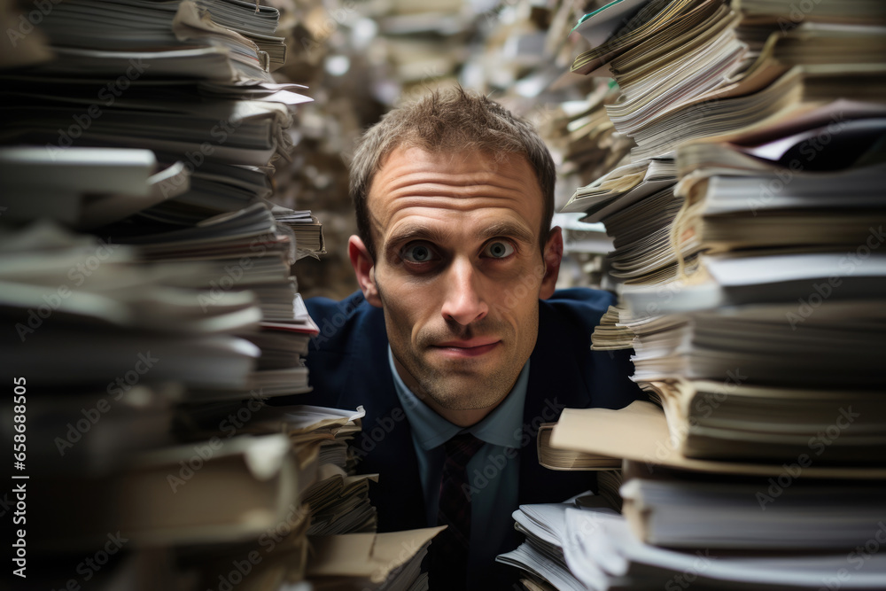 Shocked tired office worker among huge stacks of documents Stock Photo ...