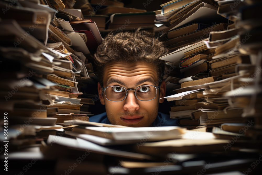 Shocked tired office worker among huge stacks of documents Stock Photo ...