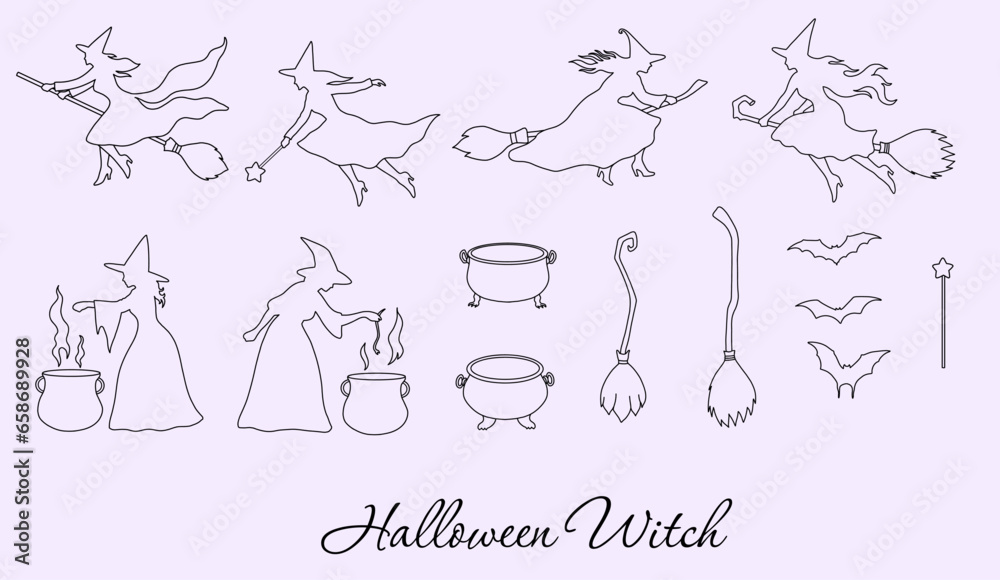 Set of Halloween Witch Line Art, Vector Drawing for Halloween, Witches ...