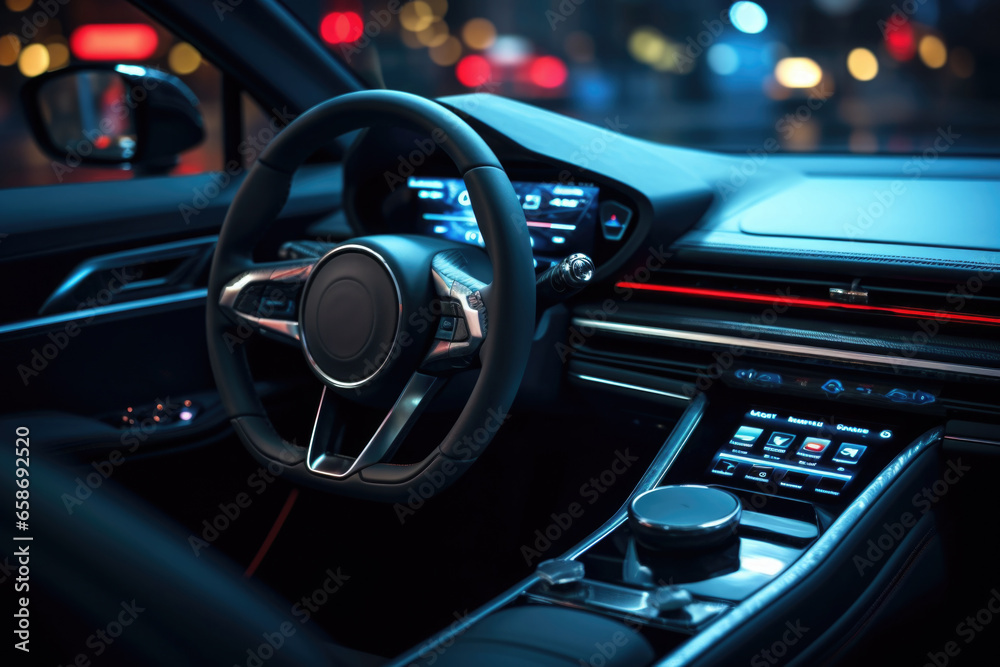 A detailed close-up of a steering wheel in a car. This image can be ...