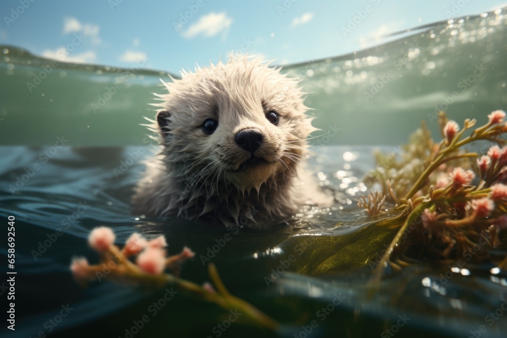 A cute baby sea otter swimming gracefully in the water. This image can ...