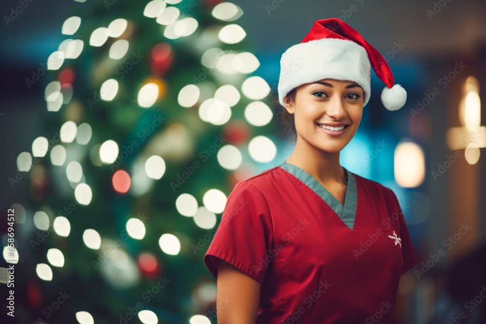 Smiling portrait of a woman doctor wearing a santa hat , working in a ...
