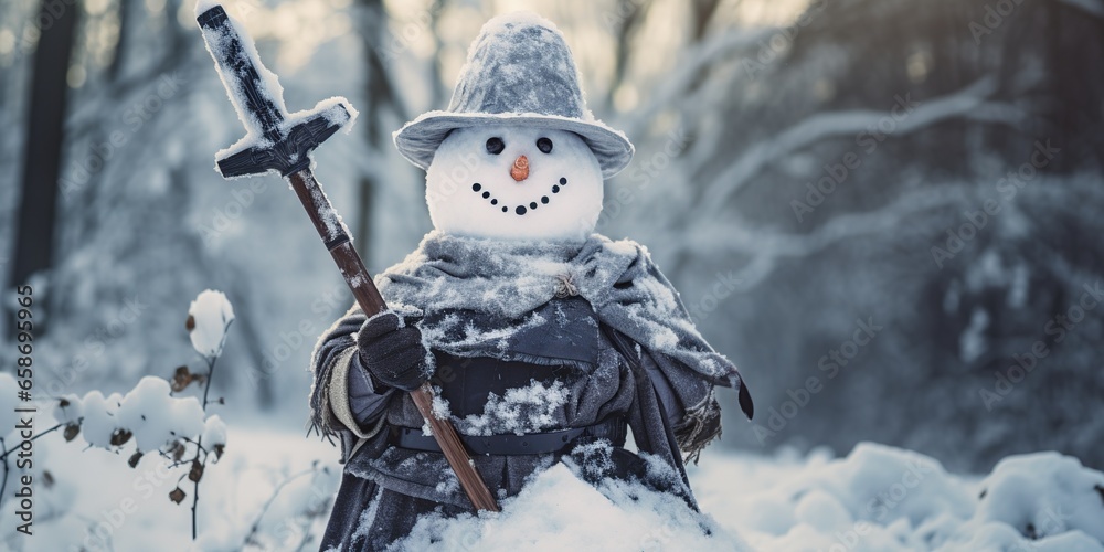 Snowman medieval knight with a sword made from a broom, concept of ...
