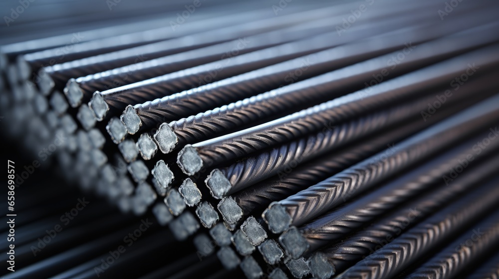 Construction site with close up of deformed steel bars for reinforced ...